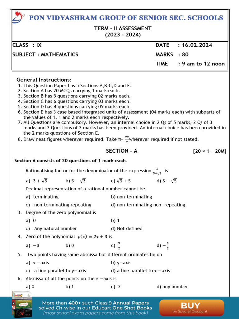 Pun Vidhya Ashram Sen Sec School Paper 24 Maths | PDF | Area ...