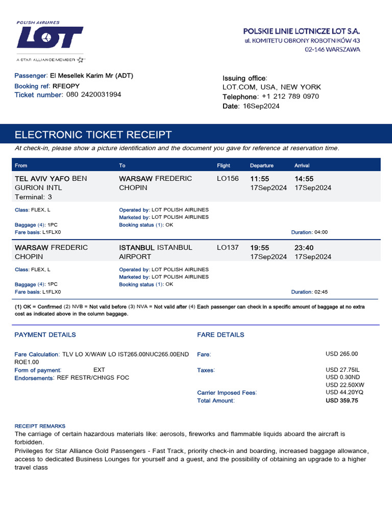 LOT Polish Airlines E-Ticket Receipt | PDF