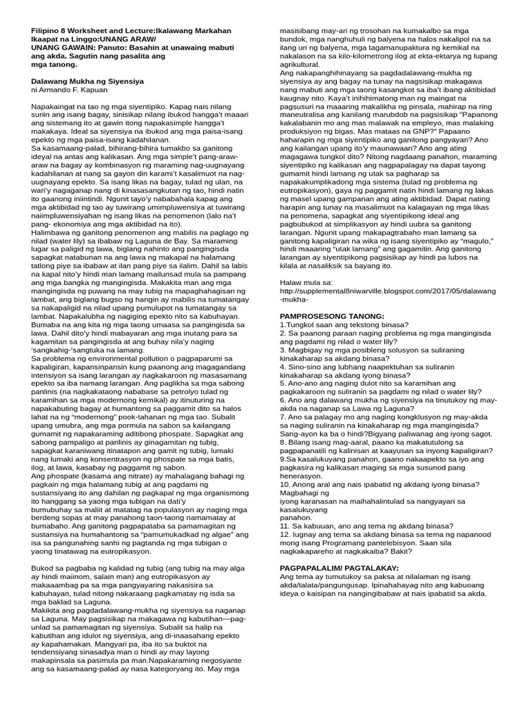 Filipino 8 w4 Worksheet and Lecture | PDF