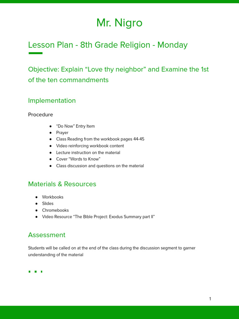 Lesson Plan - 8th Grade Religion - Week of Oct 7th | PDF | Ten ...