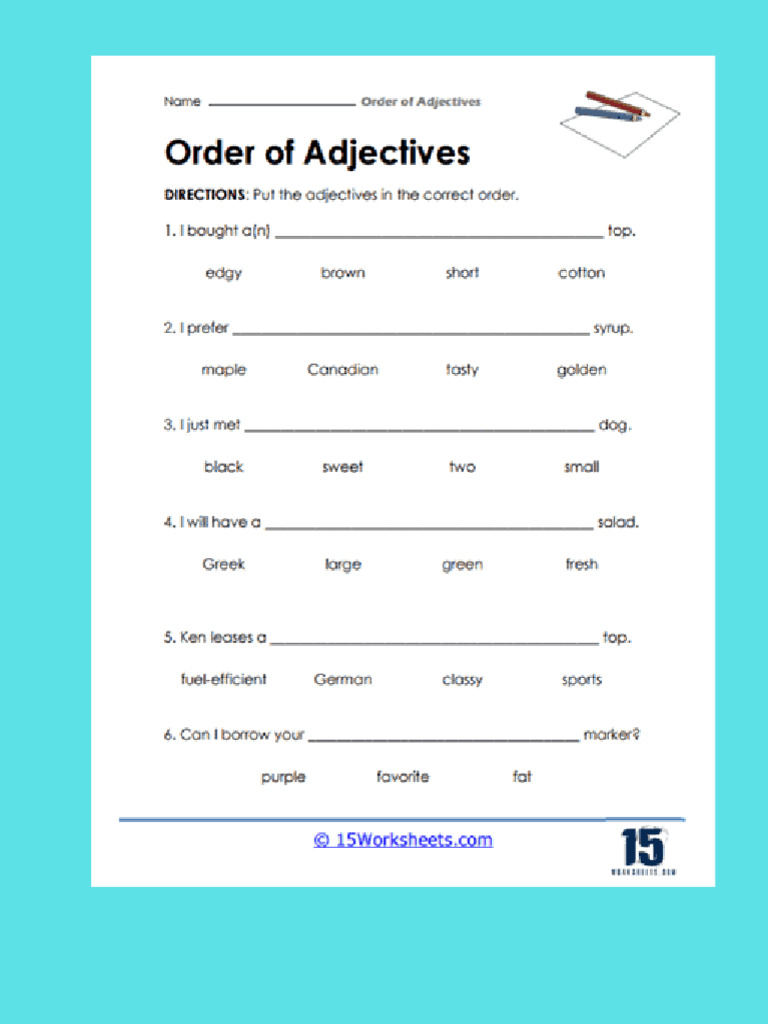 Work Sheet Adjective Ordwr | PDF