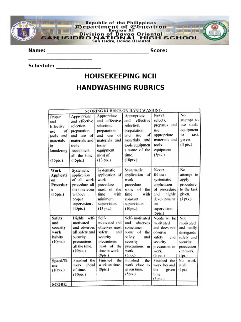 Handwashing Rubrics | PDF
