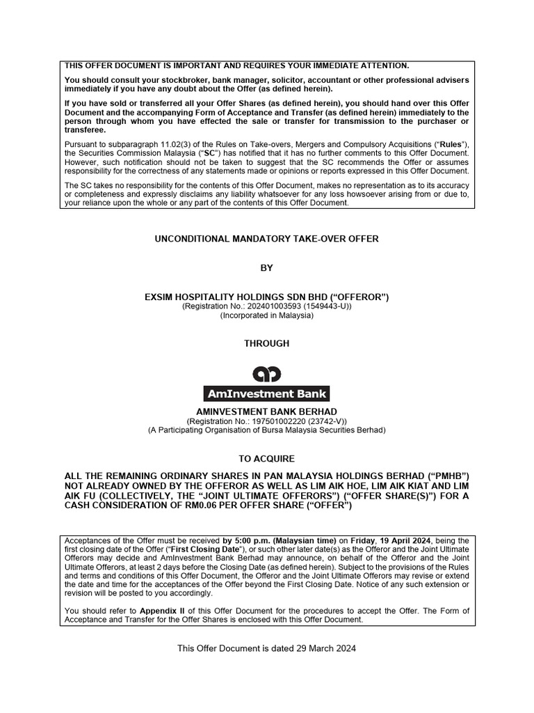 PMHB - Offer Document (29 March 2024) | PDF | Securities (Finance ...