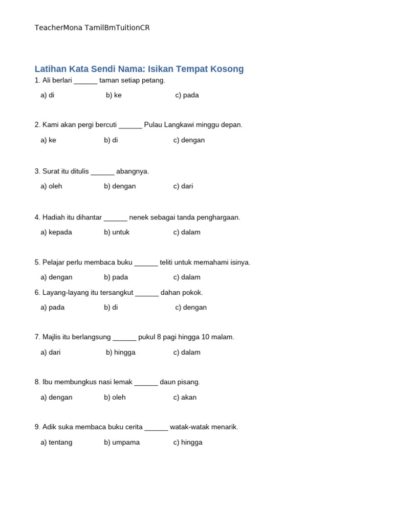 123latihan Kata Sendi Nama Tahun 2 3 | PDF