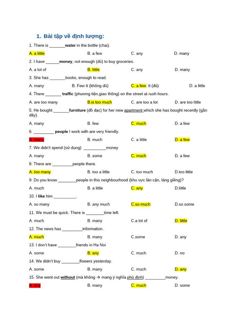 Practice Quantifiers and Articles (Key) | PDF