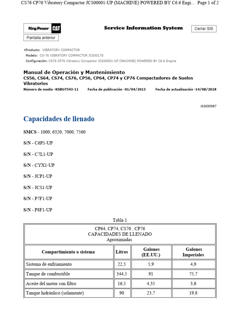 Capacidades de Llenado CS76 | PDF