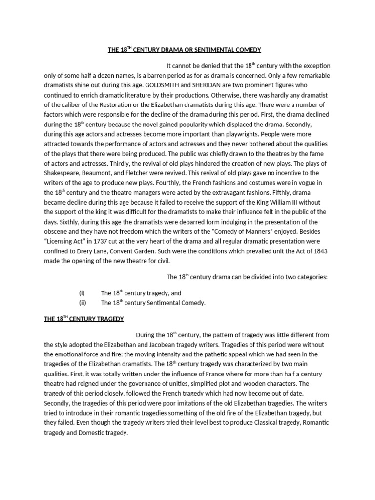 The 18TH Century Drama or Sentimental Comedy | PDF | Comedy | Tragedy