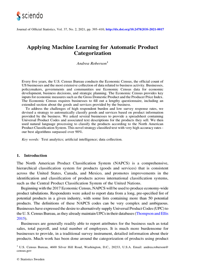 Roberson - 2021 - Applying Machine Learning For Automatic Product Categorization | PDF | Support ...