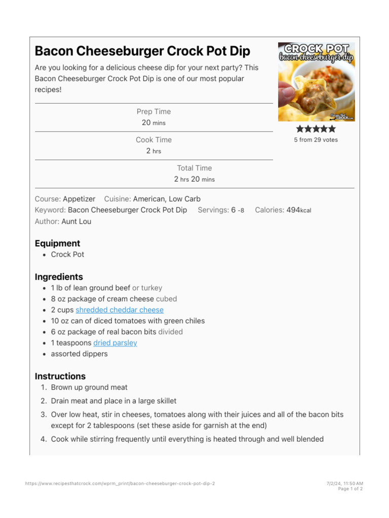 Bacon Cheeseburger Crock Pot Dip - Recipes That Crock! | PDF | Slow ...