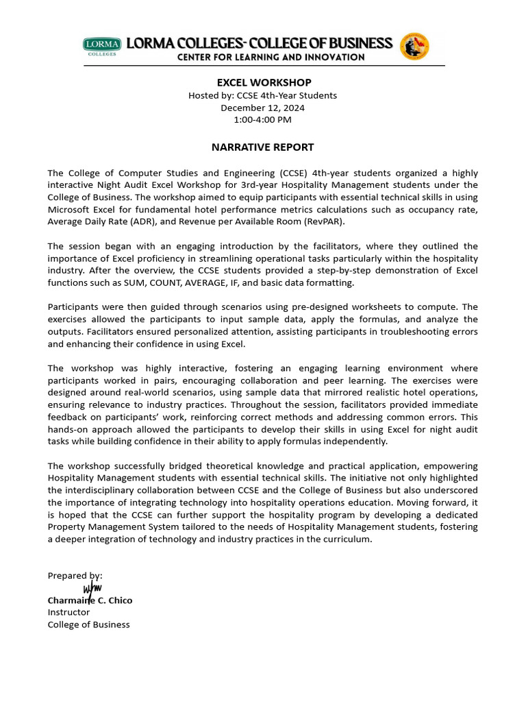 Narrative Report-Excel Workshop | PDF | Microsoft Excel | Learning