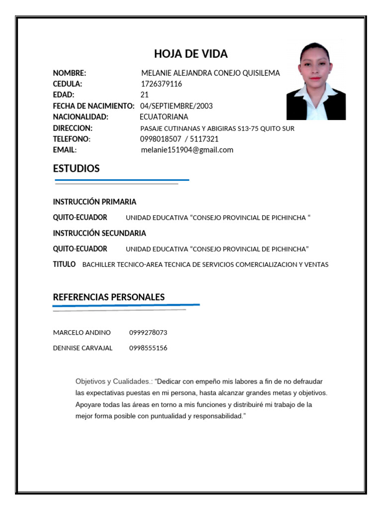 Hoja de Vida Melanie Conejo | PDF