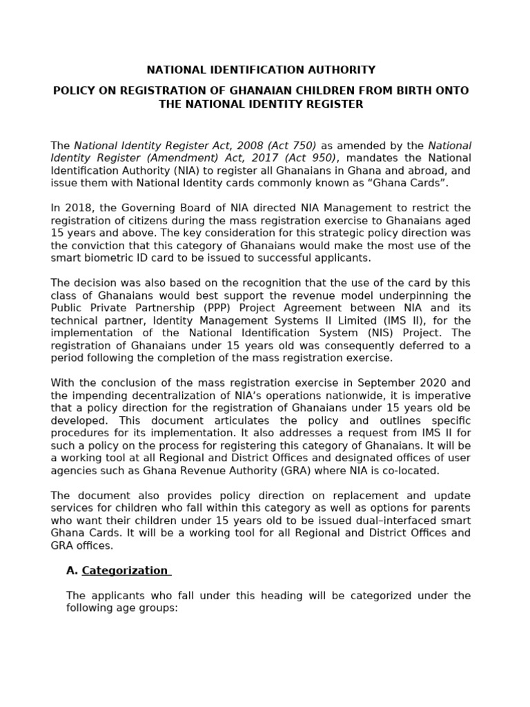 Policy On Registration of Children - 6 - 14 Years Using Form One Only ...