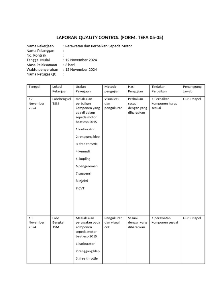 Laporan Quality Control | PDF