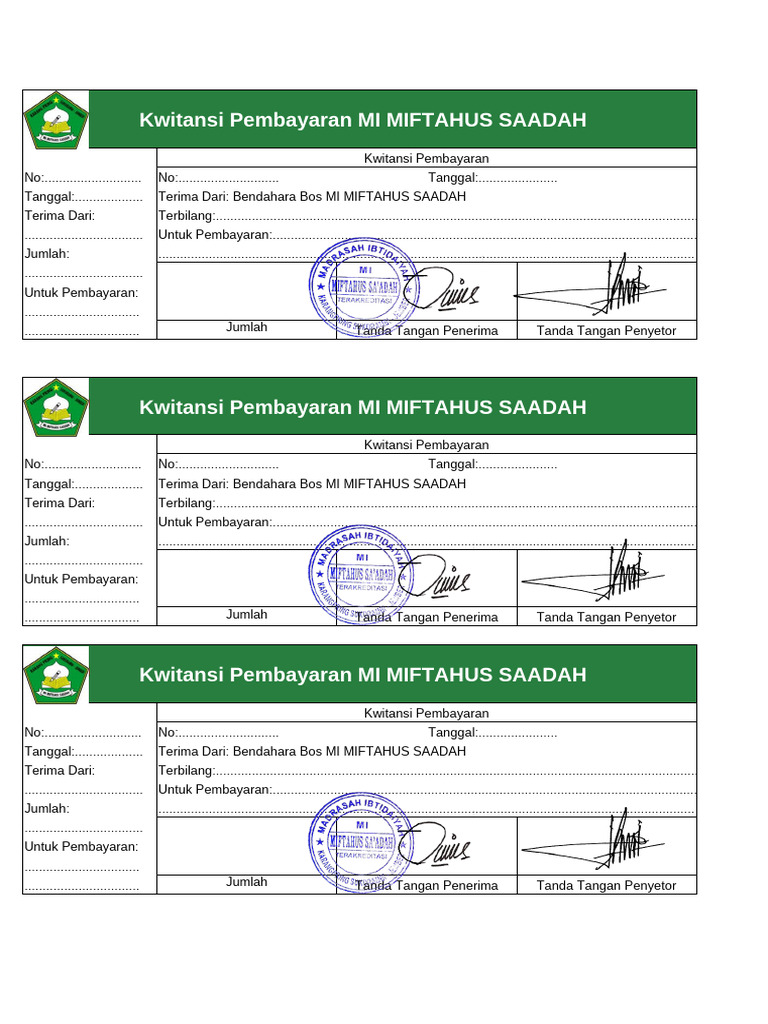 Template Kwitansi Pembayaran MI MIFTAHUS SAADAH | PDF