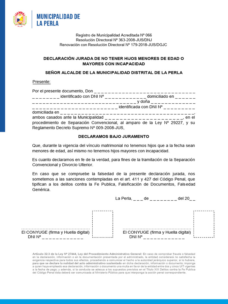 Declaración Jurada de No Tener Hijos Menores de e | PDF | Documento de identidad | Justicia