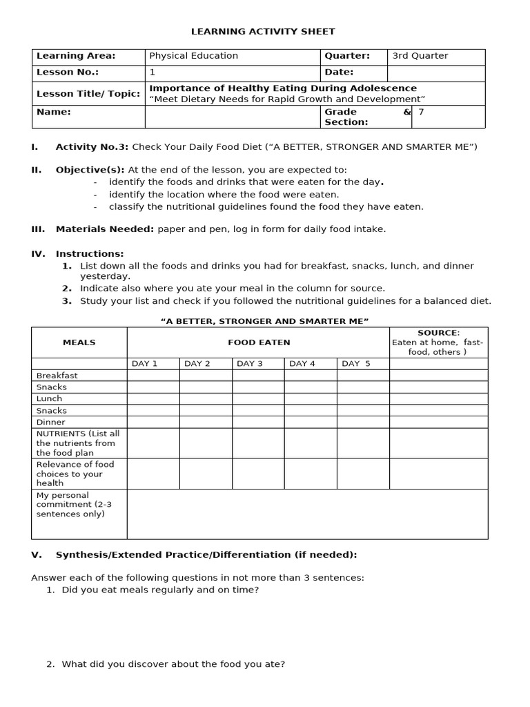 Healthy Eating Reflection For Grade 7 Pdf