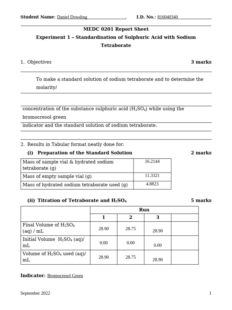 MEDC0201-Exp1 Report Sheet- Standard Solution | PDF | Mole (Unit ...