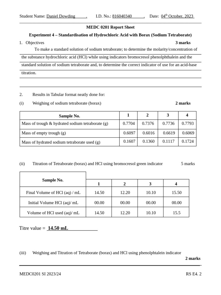 MEDC0201-Exp4 Report Sheet (Daniel Dowding) | PDF | Mole (Unit ...