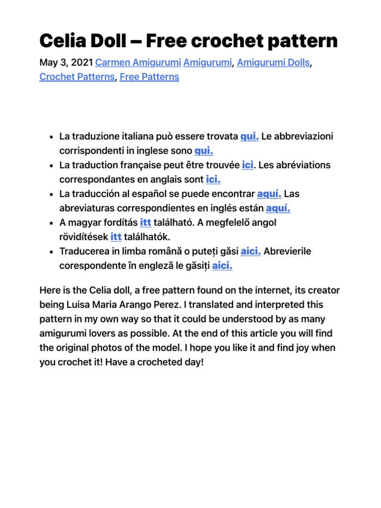 Celia Doll - Free Crochet Pattern - Carmen Crochet | PDF | Crochet | Handicrafts