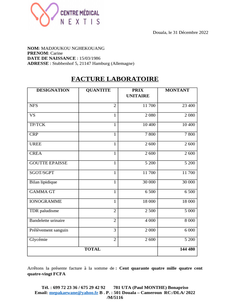 Facture d'analyses médicales à Douala | PDF