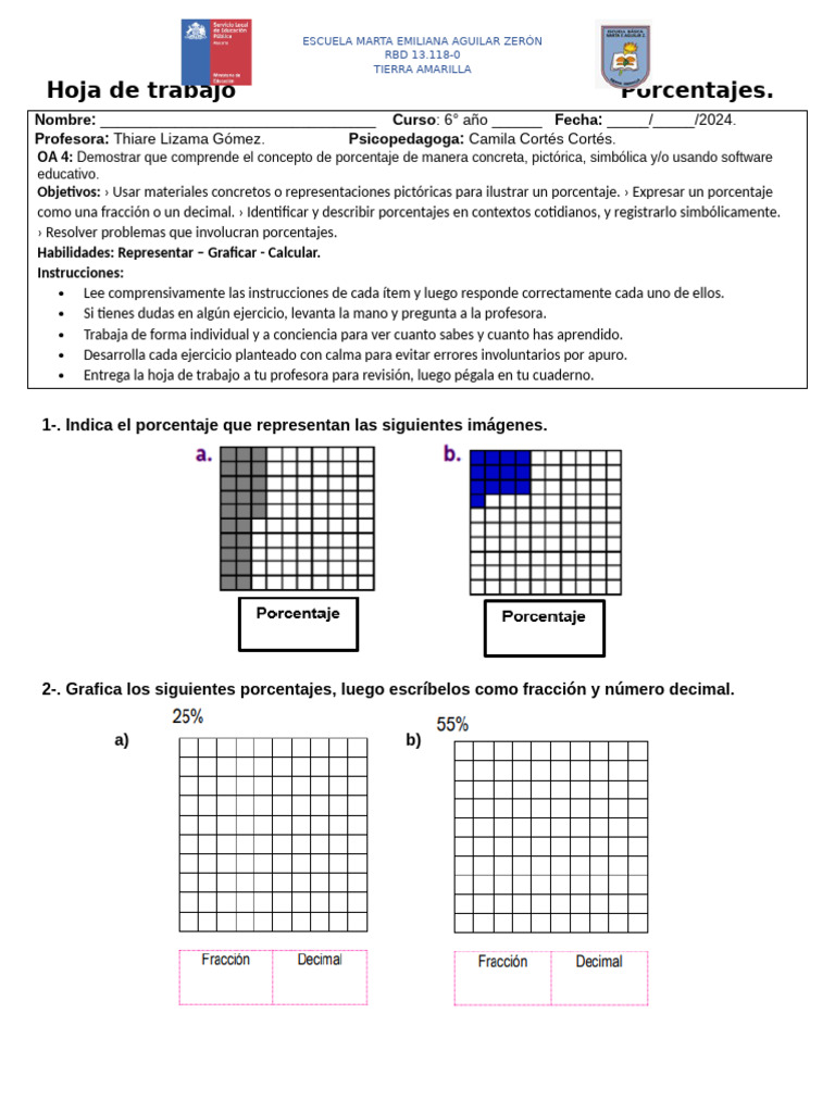 Hoja De Trabajo Para Resolver Problemas De Porcentajes Usando Proporciones