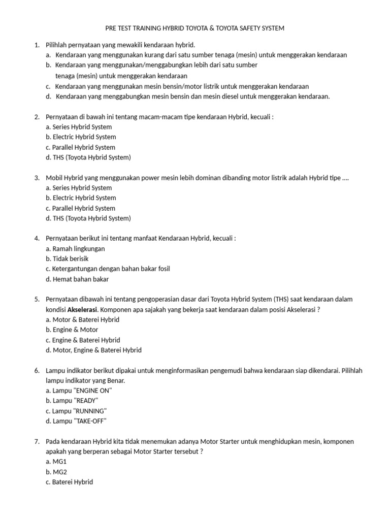 Pre Test Training Hybrid Toyota-1 | PDF