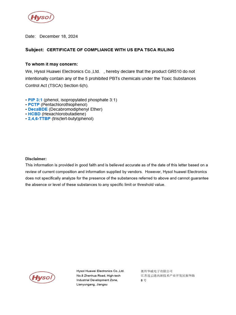 Declaration Letter - TSCA - EN | PDF