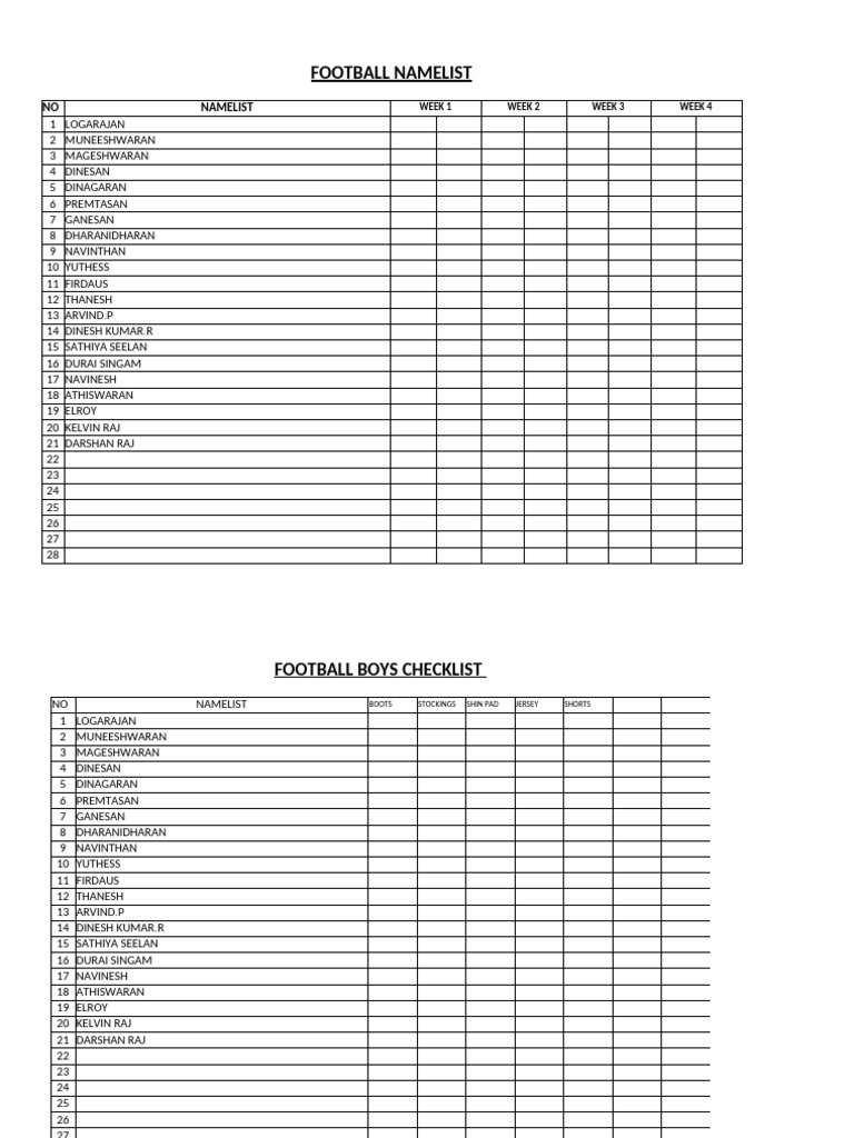 Football Boys Checklist | PDF