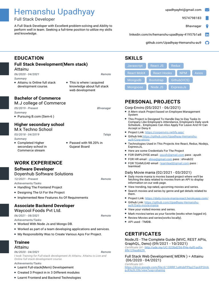 Hemanshu Upadhyay: Full Stack Developer | PDF | Software | Computing