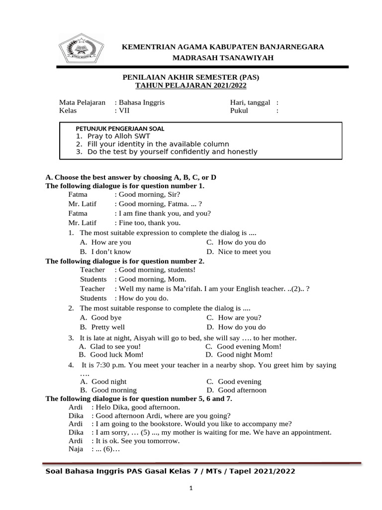English Soal KLS 7 Pas Gasal 20212022 | PDF