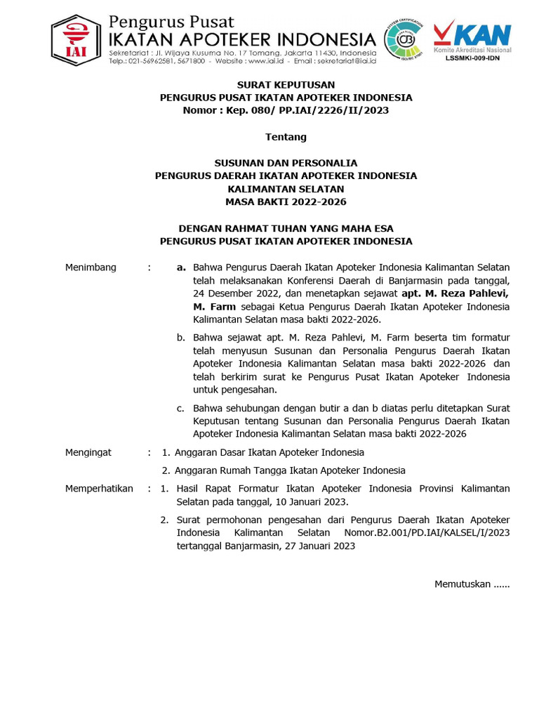 Susunan Pengurus IAI Kalsel 2022-2026 | PDF