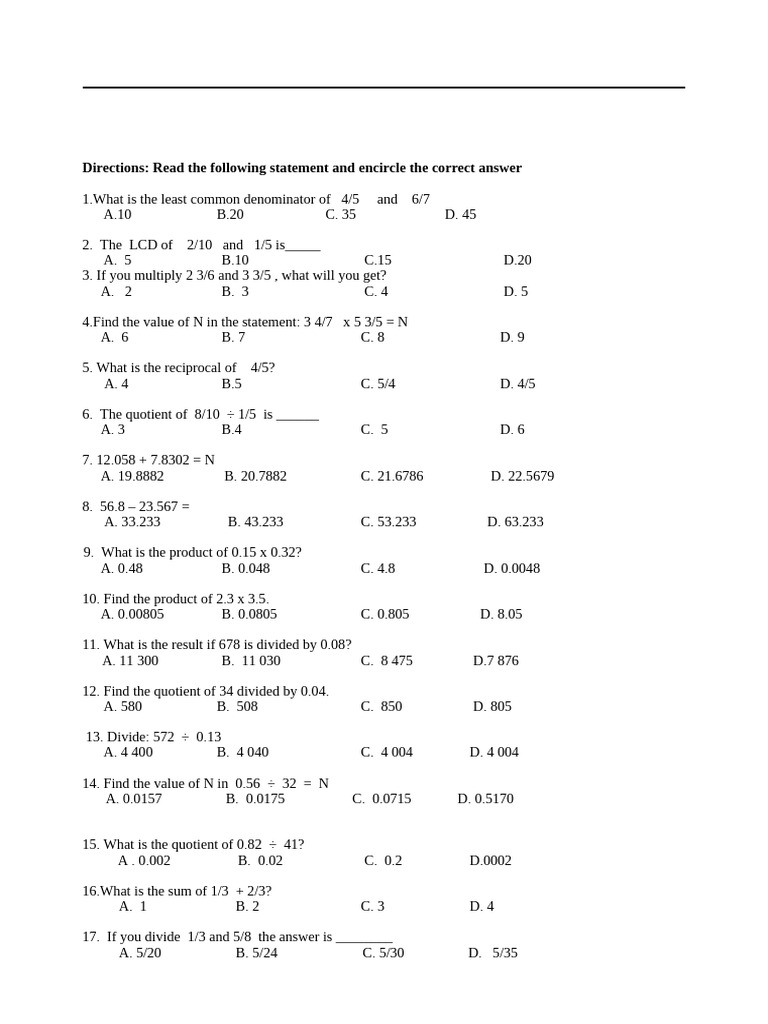 Grade 6 Math Test Questions | PDF | Elementary Mathematics | Mathematics