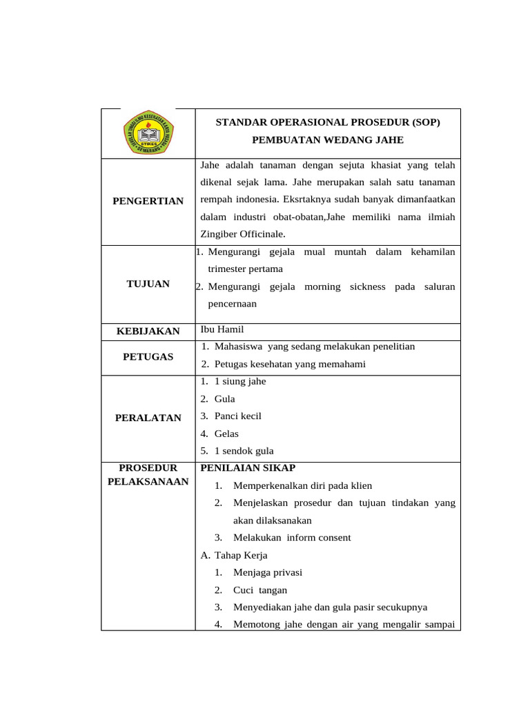 Standar Operasional Prosedur SOP WEDANG JAHE | PDF