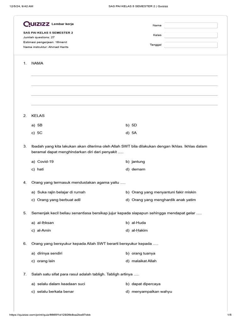 SAS PAI KELAS 5 SEMESTER 2 _ Quizizz | PDF