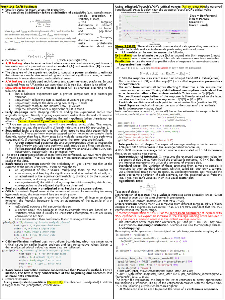 STAT_301_Cheatsheet.pdf | PDF | Errors And Residuals | Regression Analysis