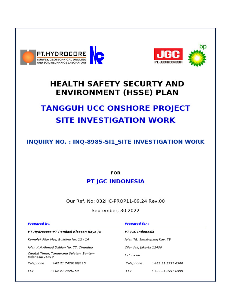 HSSE Plan - 2024-10-10. Rev00 | PDF | Safety