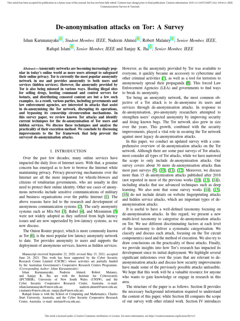 Tor De-anonymisation Attacks Survey | PDF | Computer Network | Cyberspace