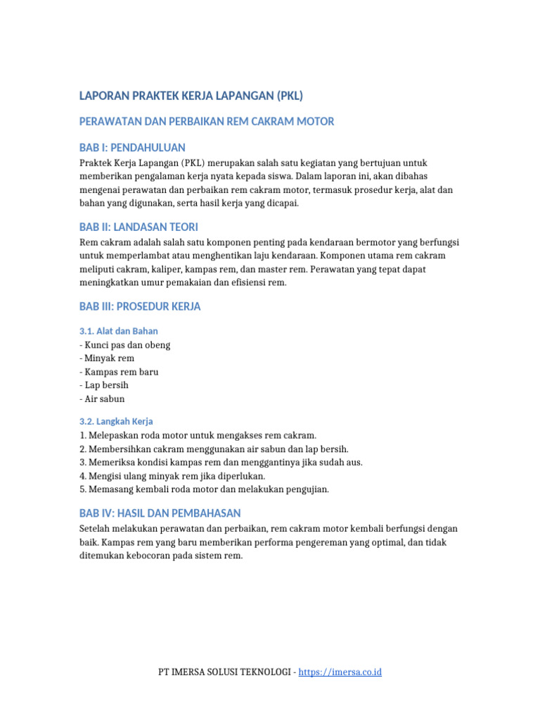 Contoh Laporan PKL Tentang Rem Cakram Motor | PDF