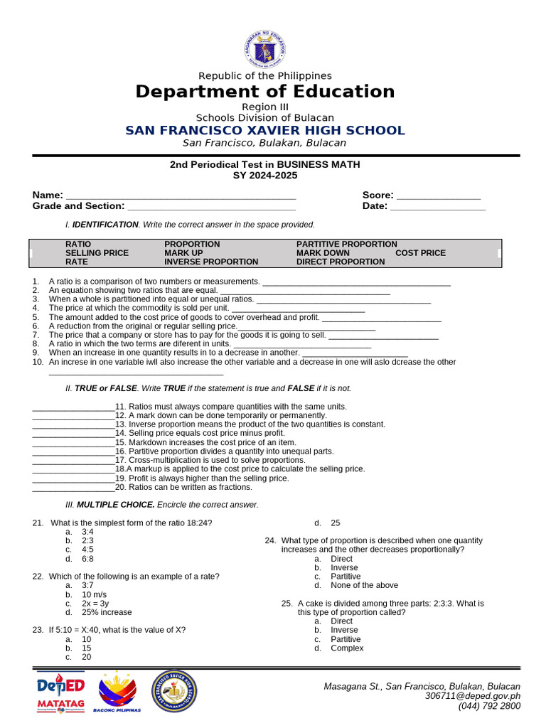 2nd Quarter Examination - BUSINESS MATH | PDF | Prices | Ratio