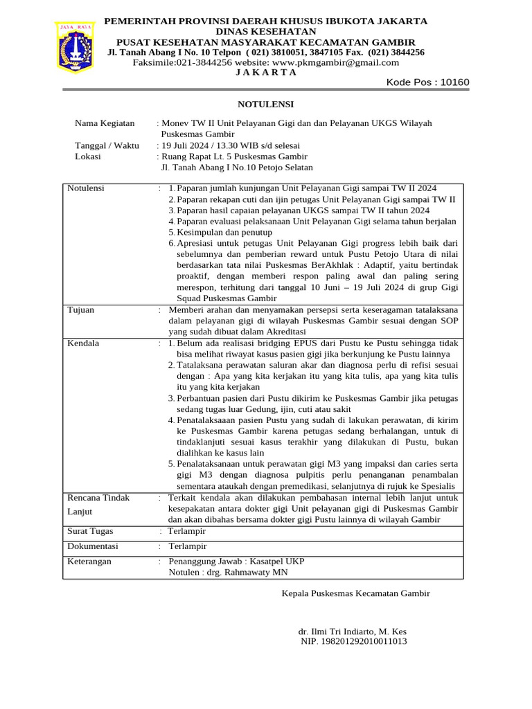 Notulen Up Kesgilut & Lintor DLM Gedung 2024 | PDF