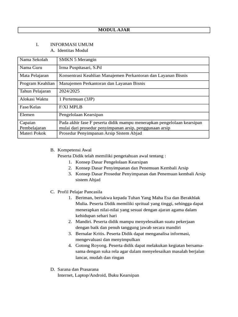 Modul Ajar Arsip TEFA | PDF