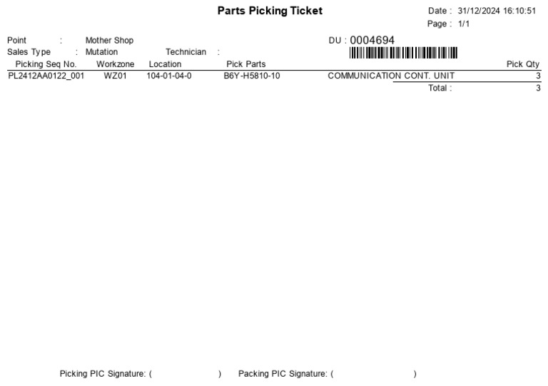 PartsPickingList (Mutation) Report 8 | PDF