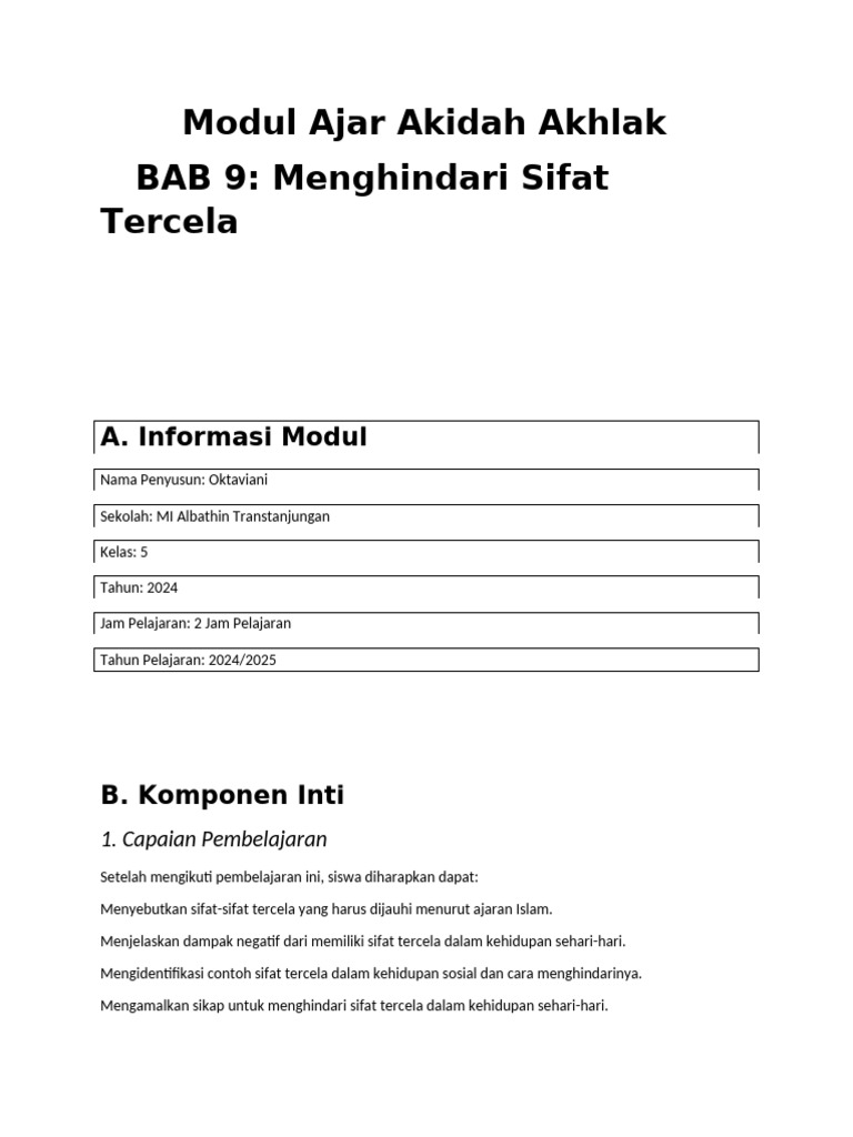 Modul Ajar Akidah Akhlak Bab 9 Menghindari Sifat Tercela | PDF