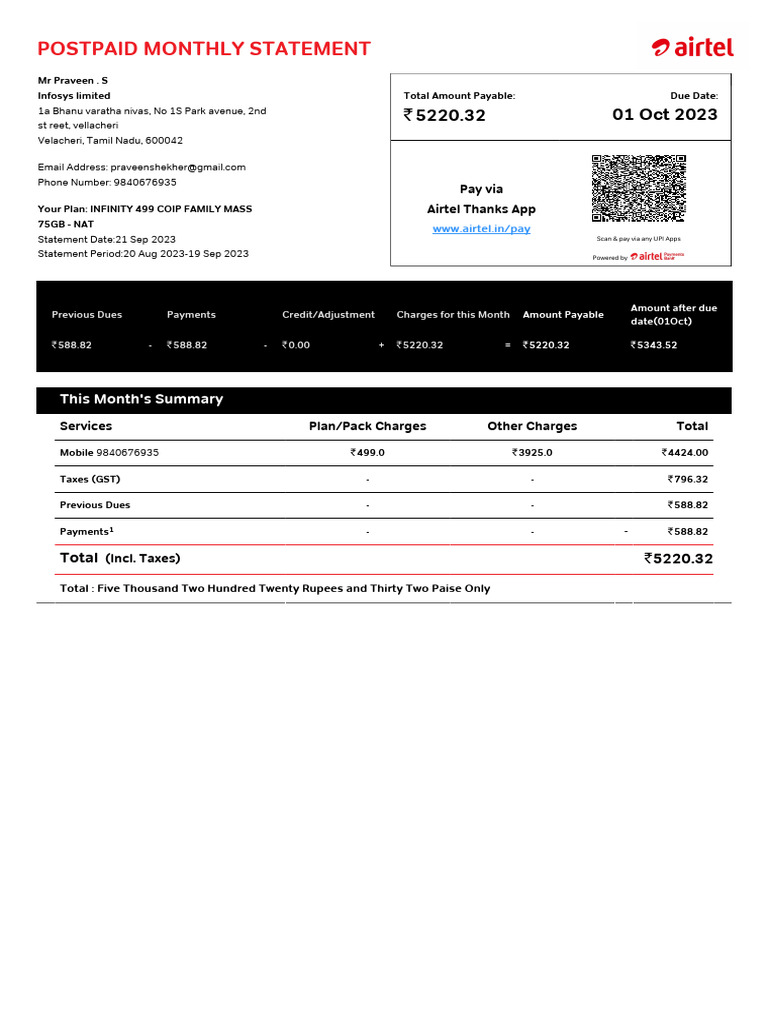 Airtel bill | PDF | Cheque | Roaming