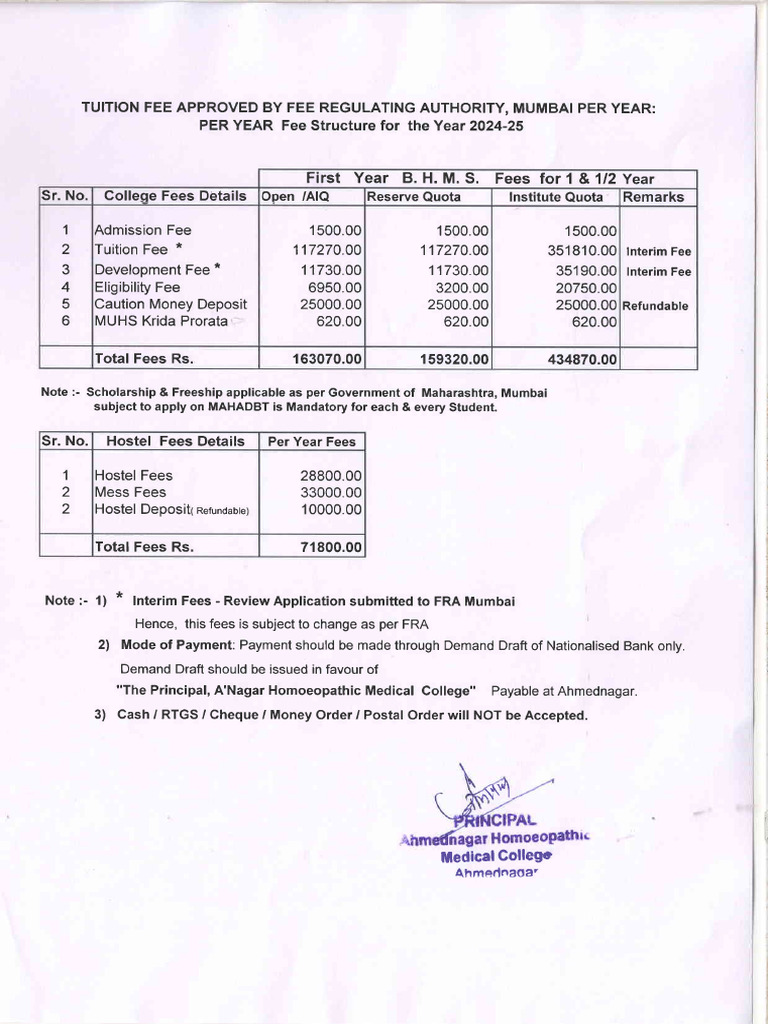2024-25 B.H.M.S. Fee Structure | PDF