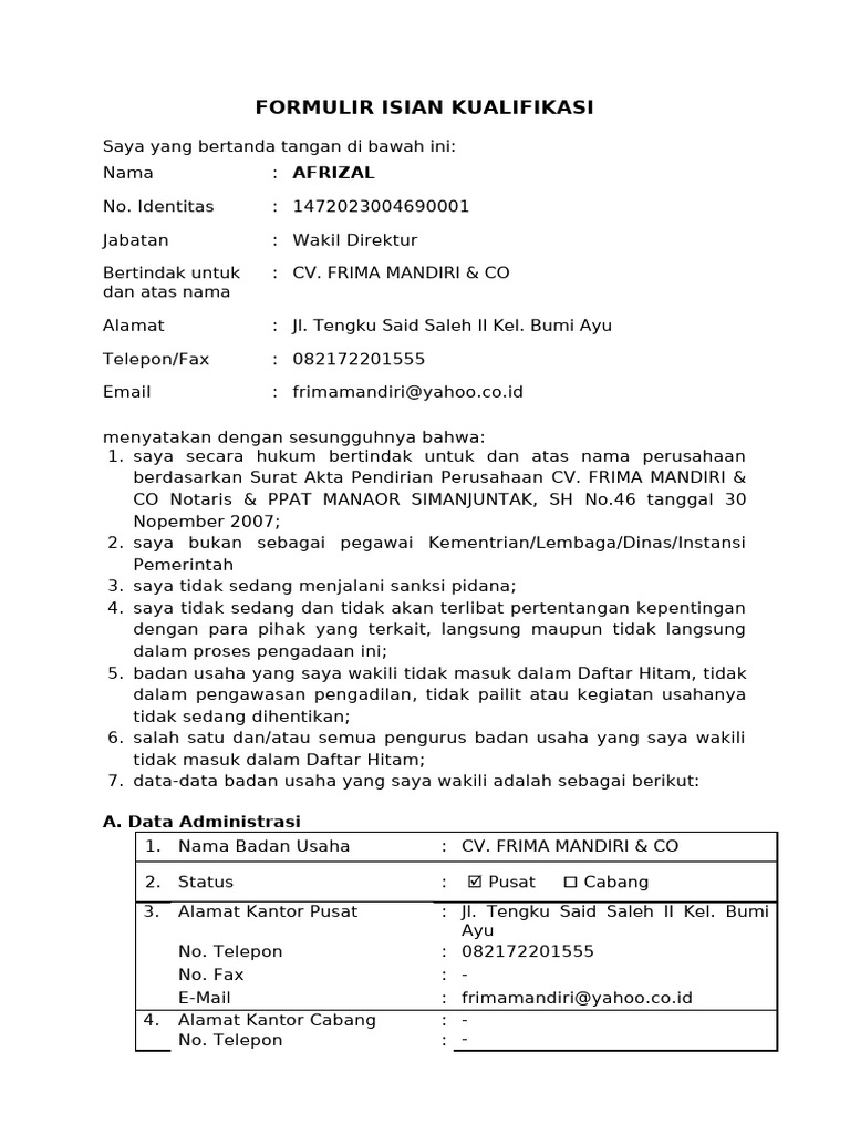 Formulir Isian Kualifikasi | PDF