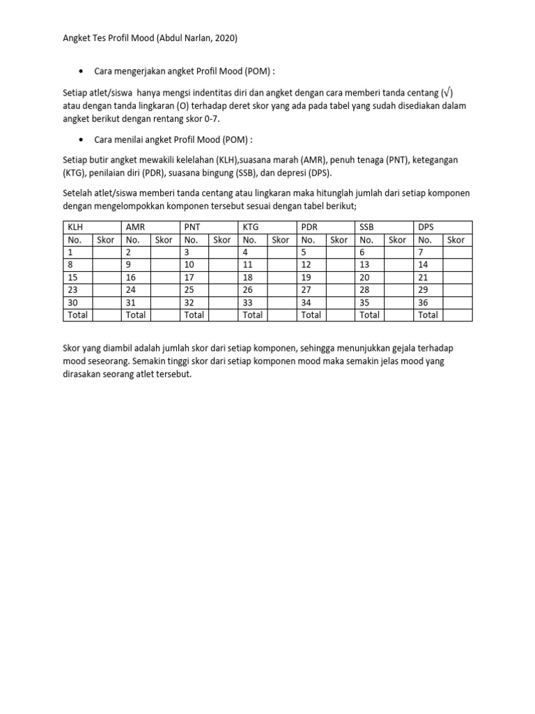 Angket Profil Mood (POM) | PDF