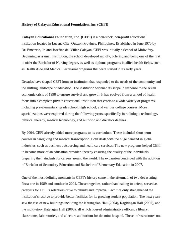 History of Calayan Educational Foundation (1) | PDF