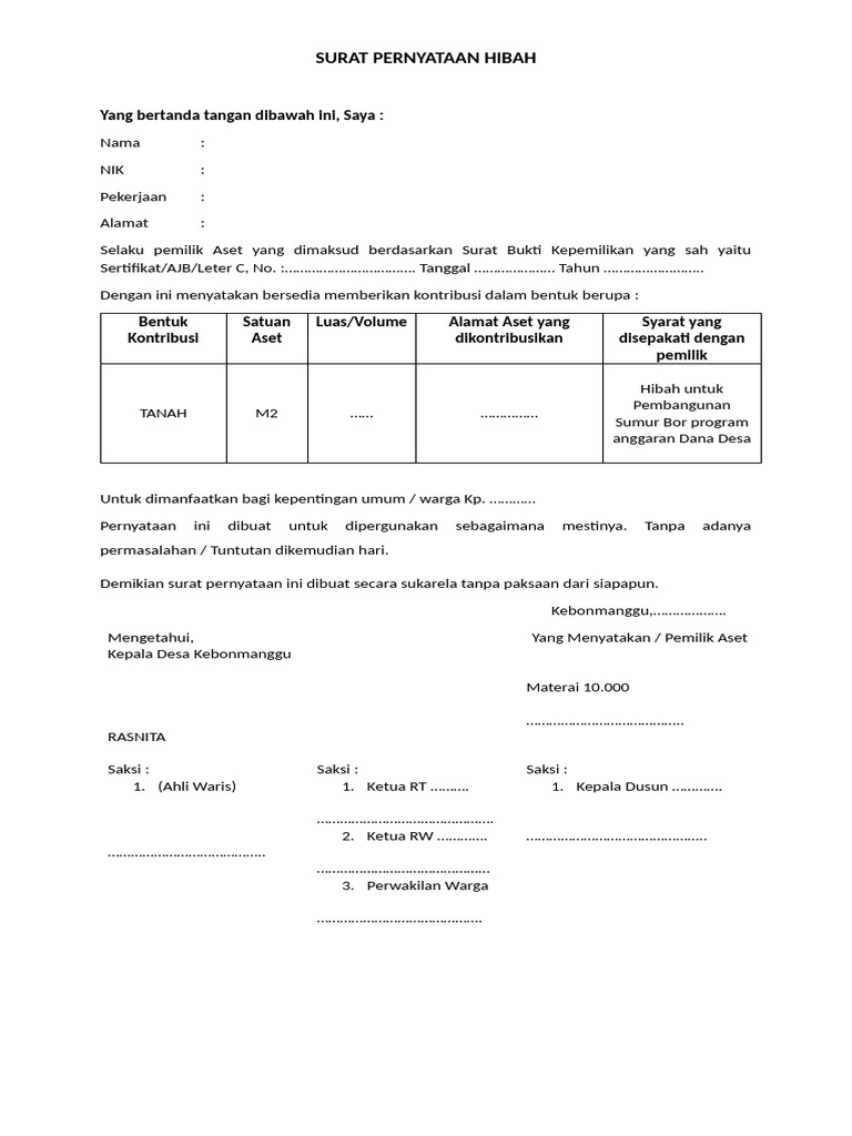 Surat Pernyataan Hibah Sumur Bor | PDF