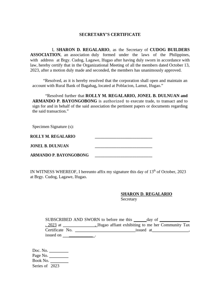 SECRETARYS Cert to Open Bank Account | PDF